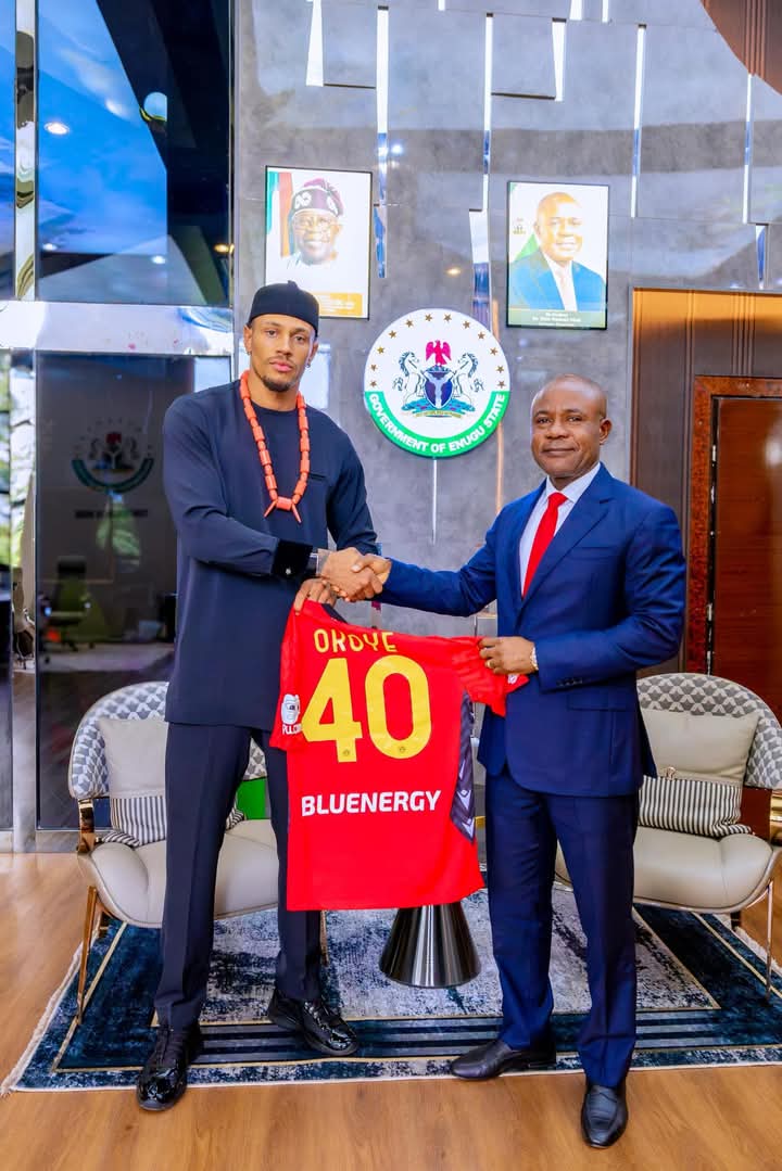 Gov Mbah Receives Super Eagles Goalkeeper Maduka Okoye Pledges Land for ...